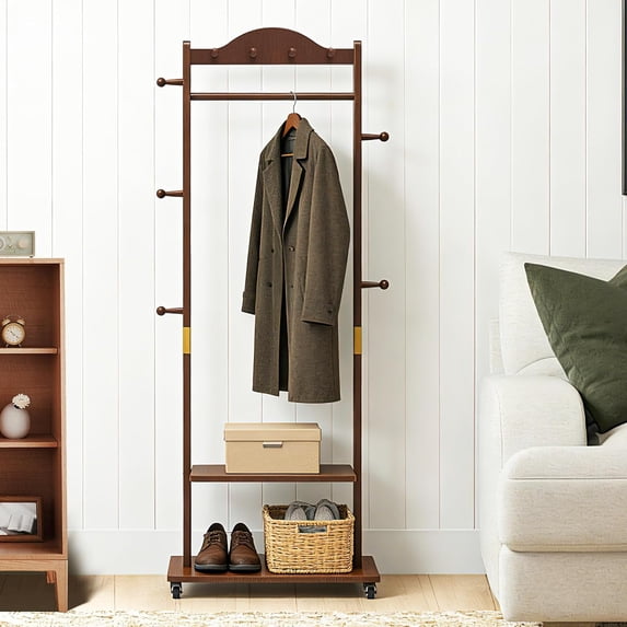 Hsohriif Solid Wood Clothing Rack with Wheels 2 Shelves Storage & 9 ...