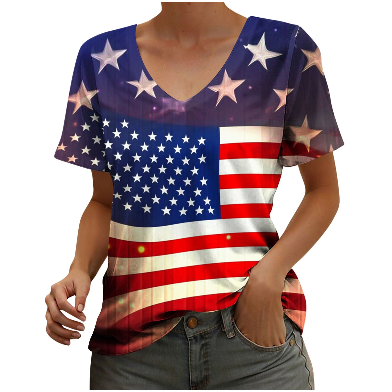 Htigea 4th of July Short Sleeve T Shirt for Women American Flag V-Neck ...