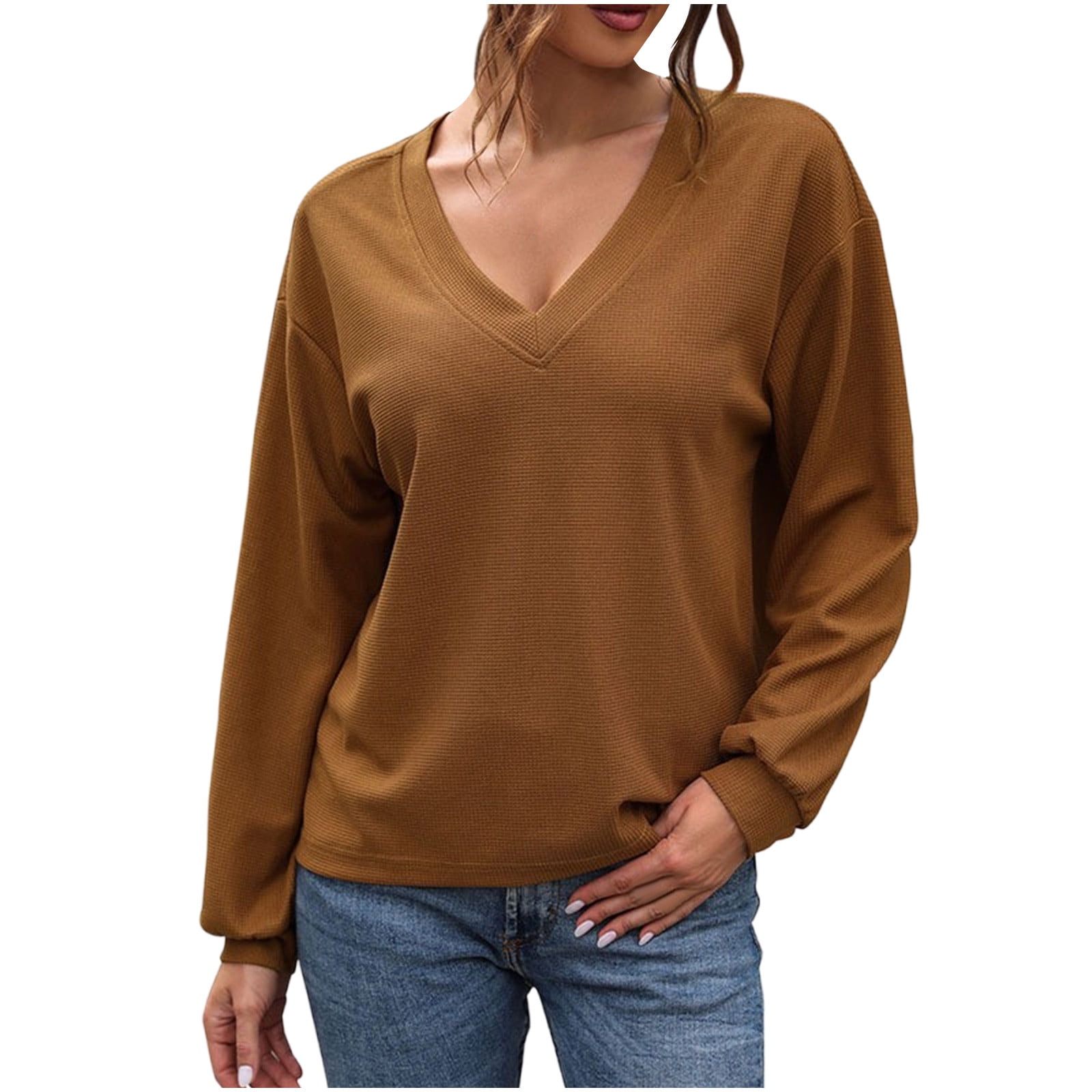 Htigea Casual V-Neck Shirts for Women Loose Long Sleeve Tops ...