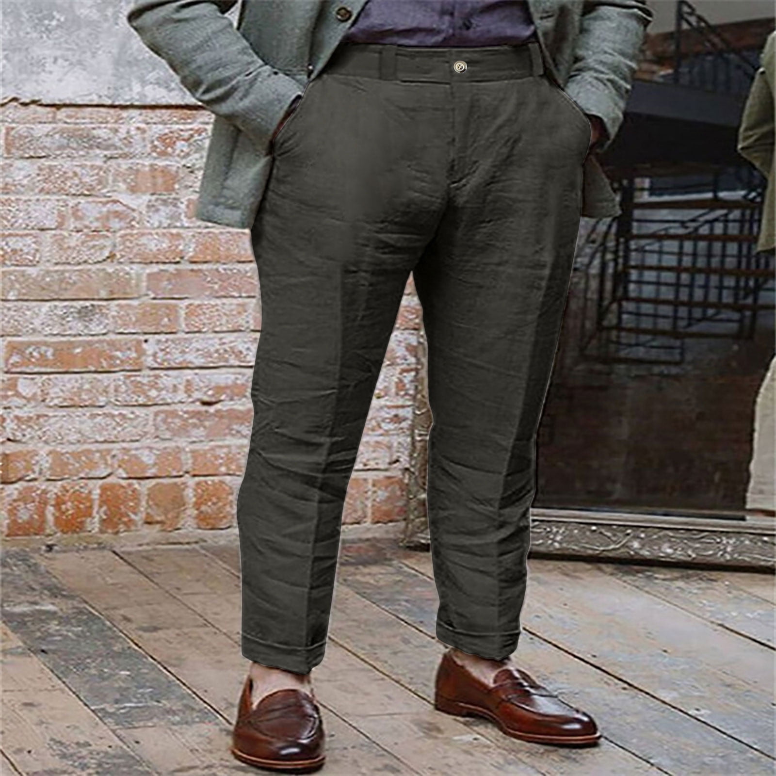 Htigea Clearance Mens Cotton Linen Pants Pleated Front Trousers Solid ...