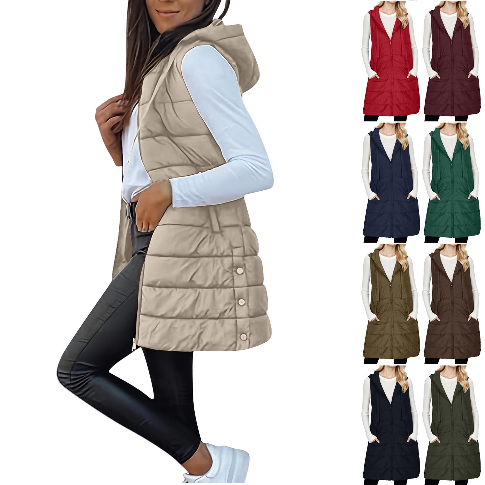 Htigea Clearance Women Long Vest Solid Color Sleeveless Hood Winter ...