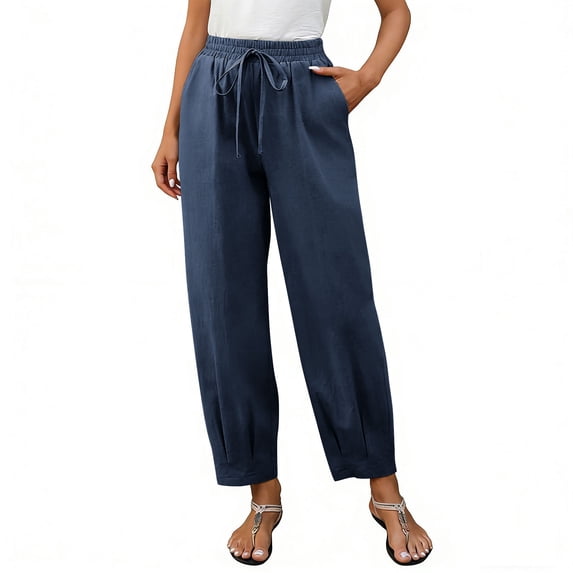 Htigea Cotton Linen Cropped Pants for Women Drawstring Elastic Waisted ...