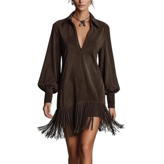 Htigea Faux Suede Mini Dress for Women Long Sleeve V Neck Fringe ...