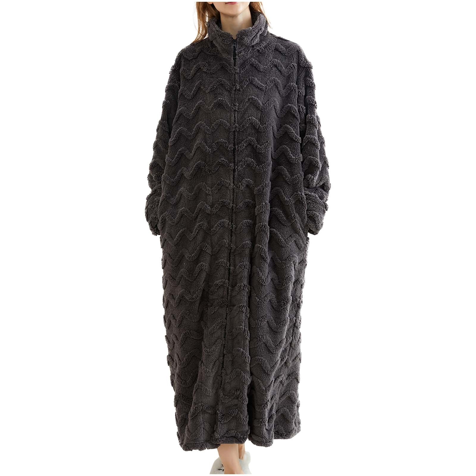 Htigea Flannel Housecoat for Women Long Zip Up Stand Collar Nightgown ...
