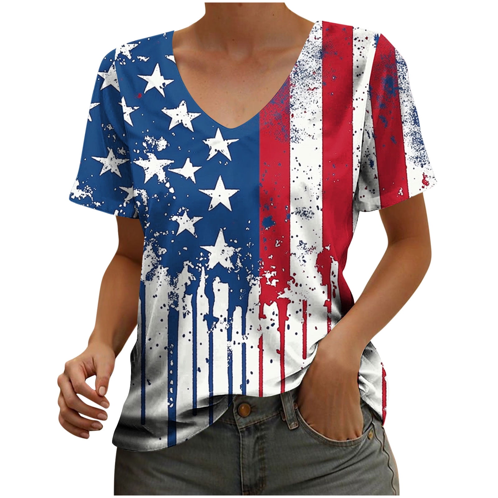 Htigea July 4th Short Sleeve Shirts for Women American Flag V-Neck T ...