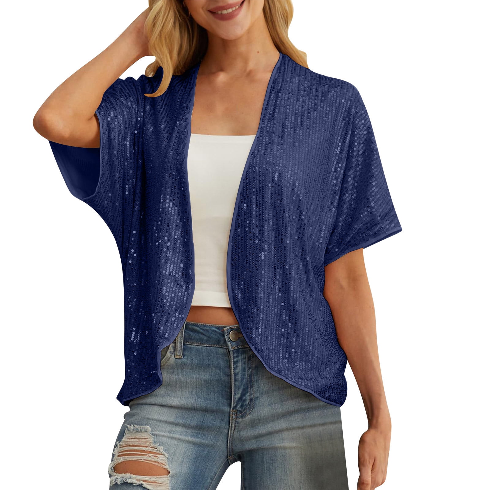 Htigea Open Front Cardigan for Women Sequin Half Sleeve Shrug Blouses ...