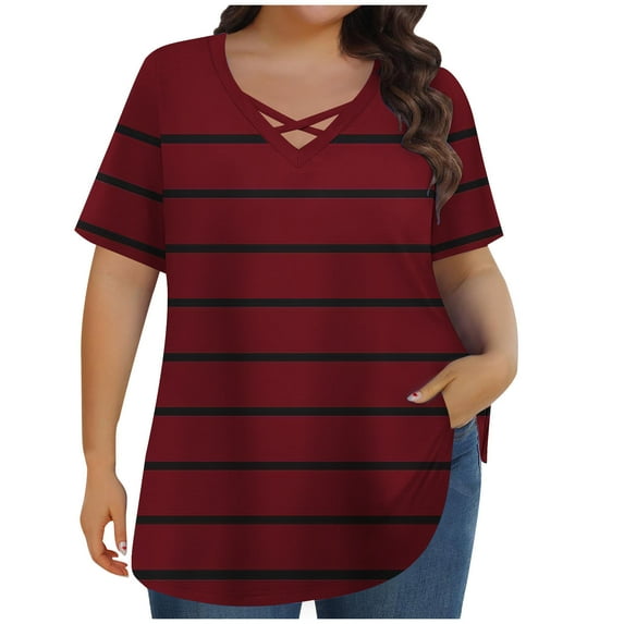 Htigea Plus Size Short Sleeve Top for Ladies Crisscross V Neck Striped ...