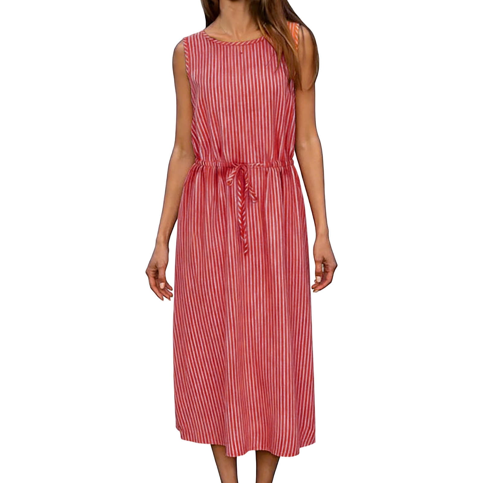 Htigea Striped Dress for Women Linen Crewneck Tank Dresses Sleeveless ...