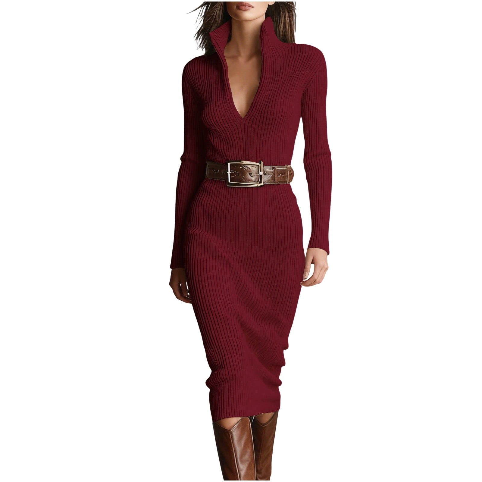 Htigea Sweater Dress for Women Slim Fit V-Neck Long Sleeve Knitted Midi ...