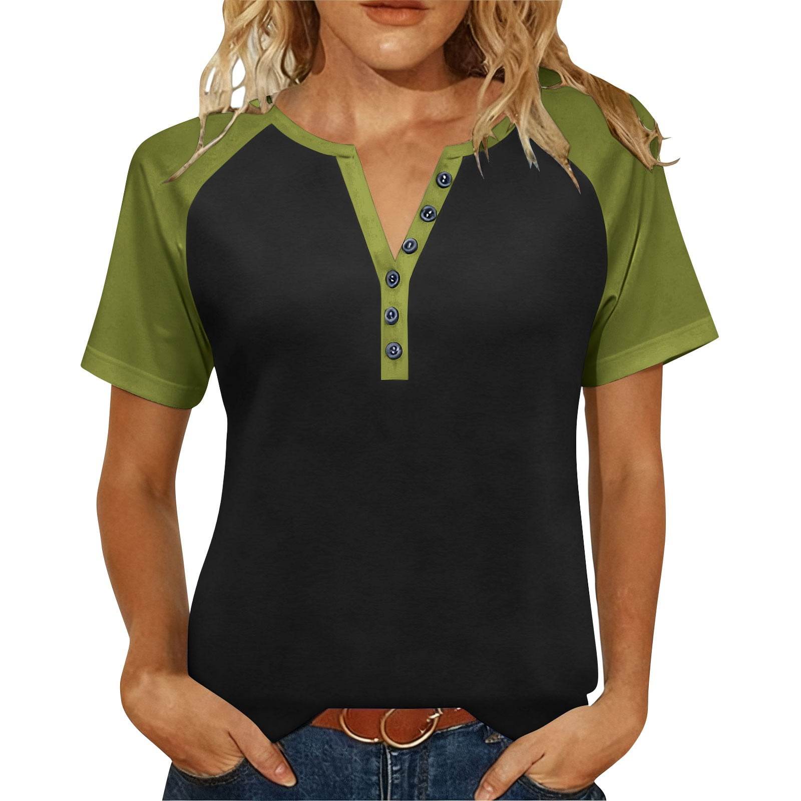 Htigea V-Neck Henley Shirts for Women Color Block Raglan Short Sleeve T ...