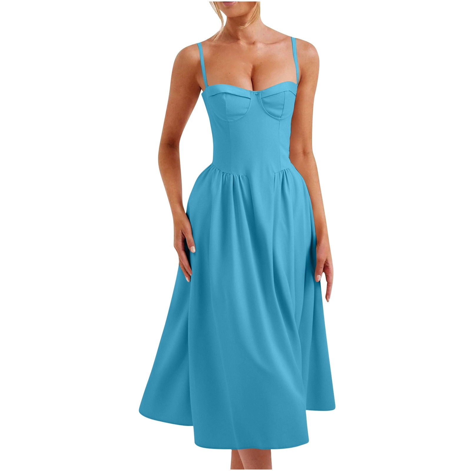 Htigea Women's Bustier Midi Dress Elegant Spaghetti Straps Low Cut ...