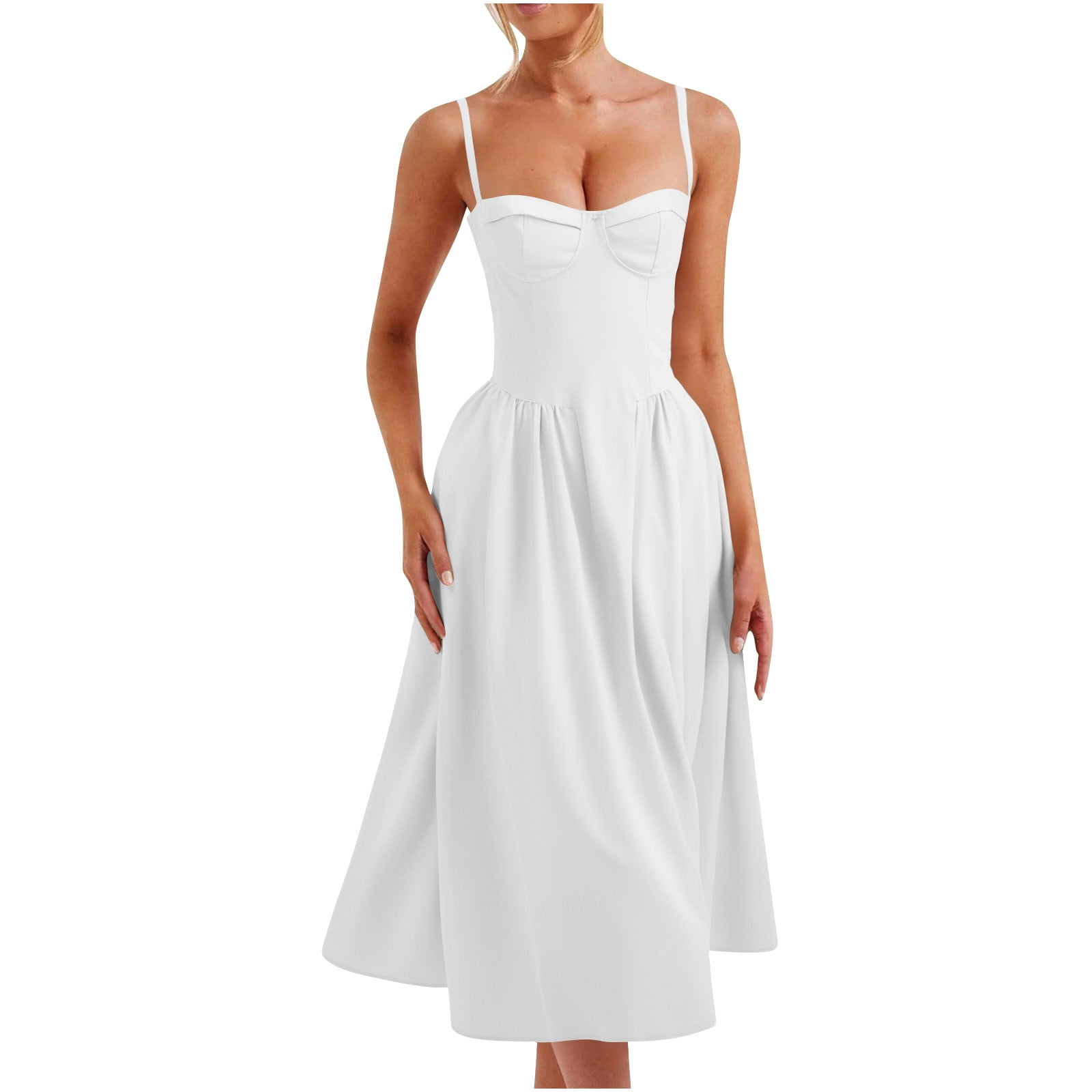 Htigea Women's Bustier Midi Dress Elegant Spaghetti Straps Low Cut ...