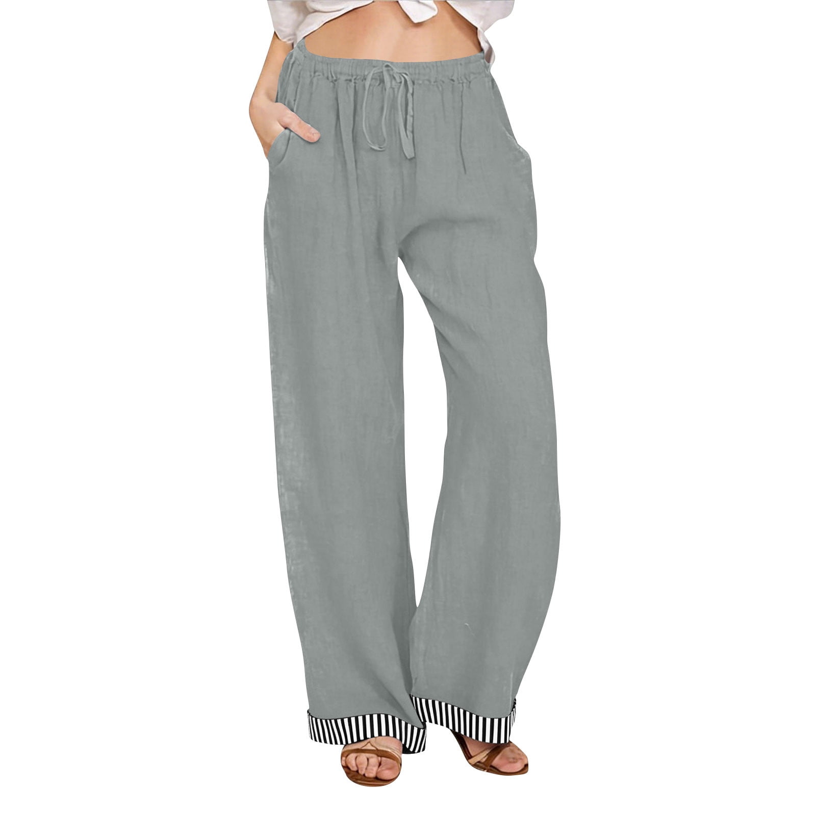 Htigea Women's Cotton Linen Drawstring High Waisted Pants Casual ...