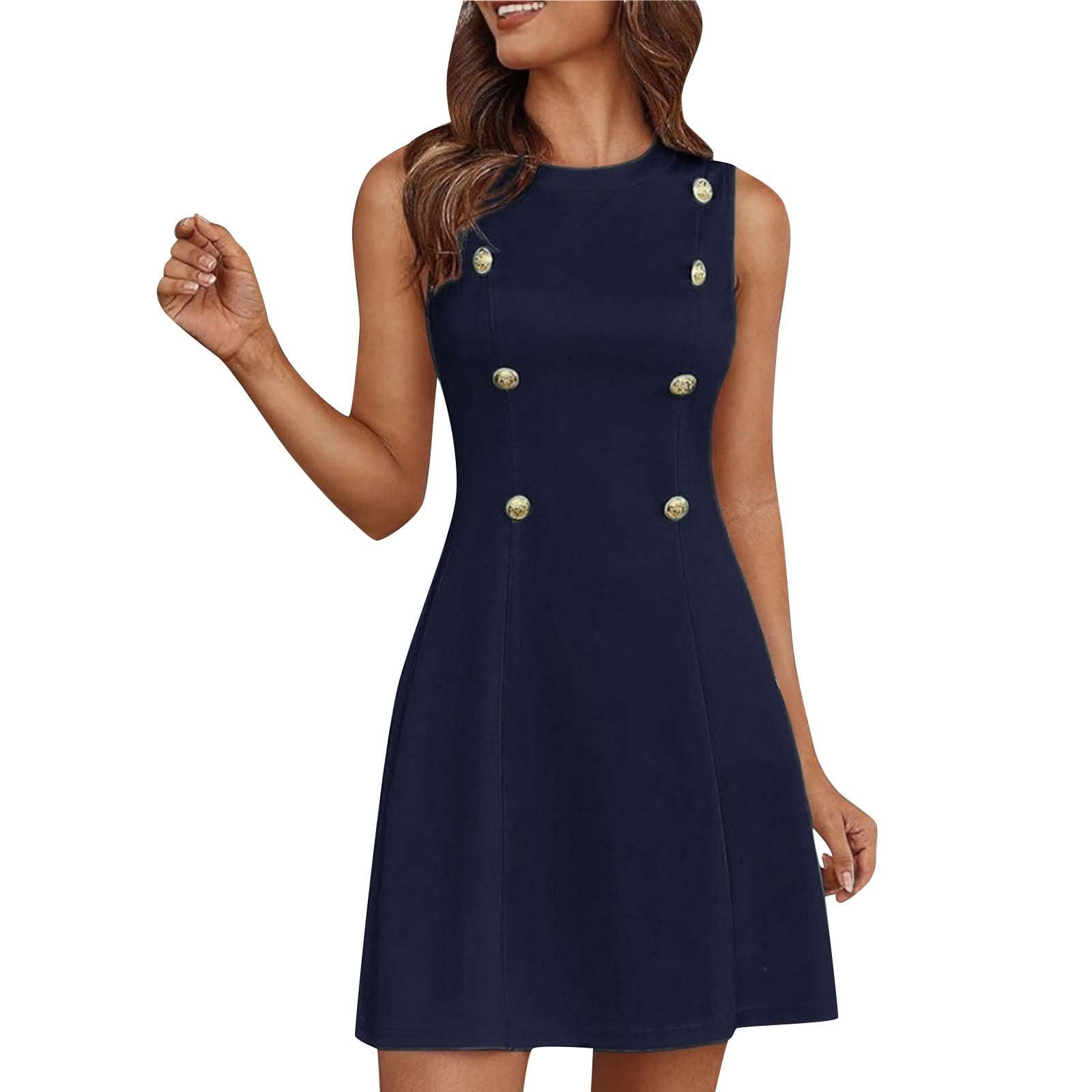 Htigea Women's Elegant Mini Dresses Sleeveless Button Trim A Line Dress ...