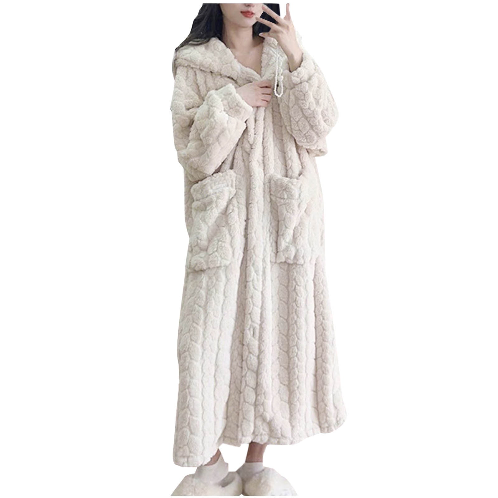 Htigea Women's Fleece Housecoat Long Hooded Nightgown Lightweight ...