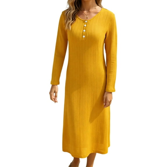 Htigea Women's Mid-Length Dresses Long Sleeve Crewneck Henley Dress ...