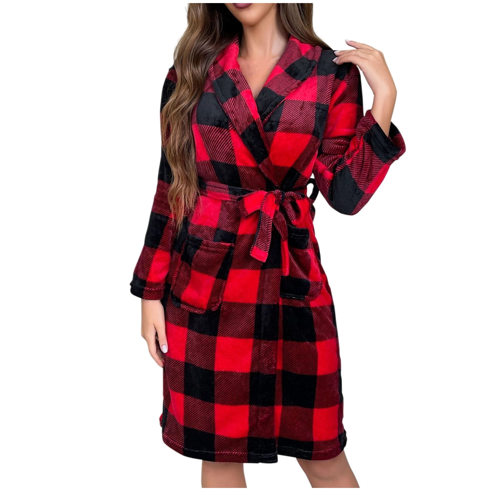 Htigea Women's Plaid Nightgown Flannel Short Bath Robes Winter ...