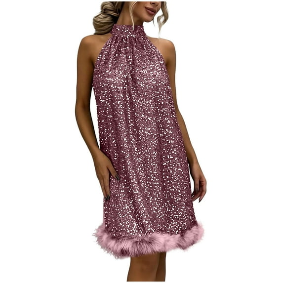 Htigea Women's Sequin Halter Mini Dress Sparkly Sleeveless Cocktail ...