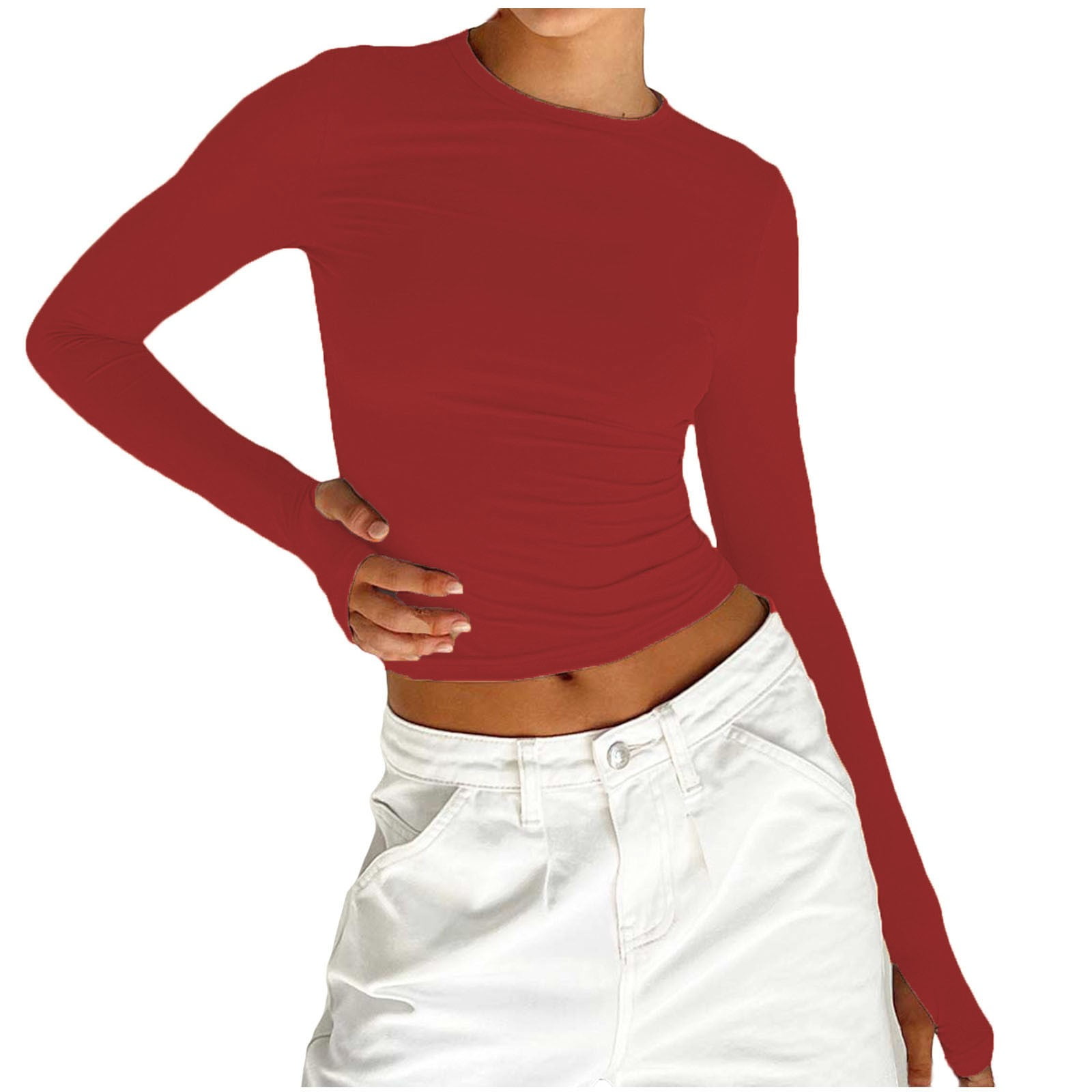Htigea Women's Slim Fit Tops Crew Neck Long Sleeve Cropped Shirts Fall ...