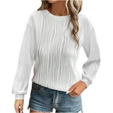 Htigea Womens Crew Neck Long Sleeve Shirts Textured Tunic Blouse Solid ...