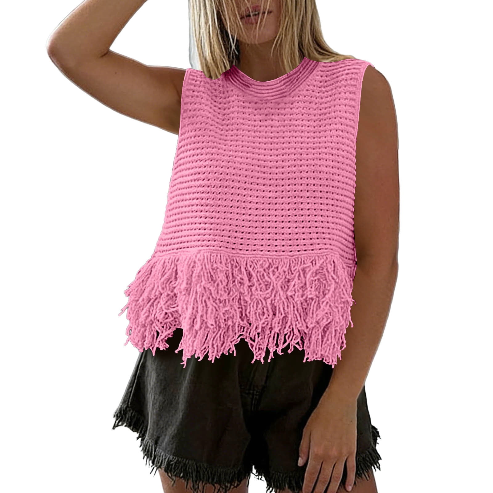 Htigea Womens Crochet Crop Tank Tops Knitted Sleeveless Crew Neck T ...