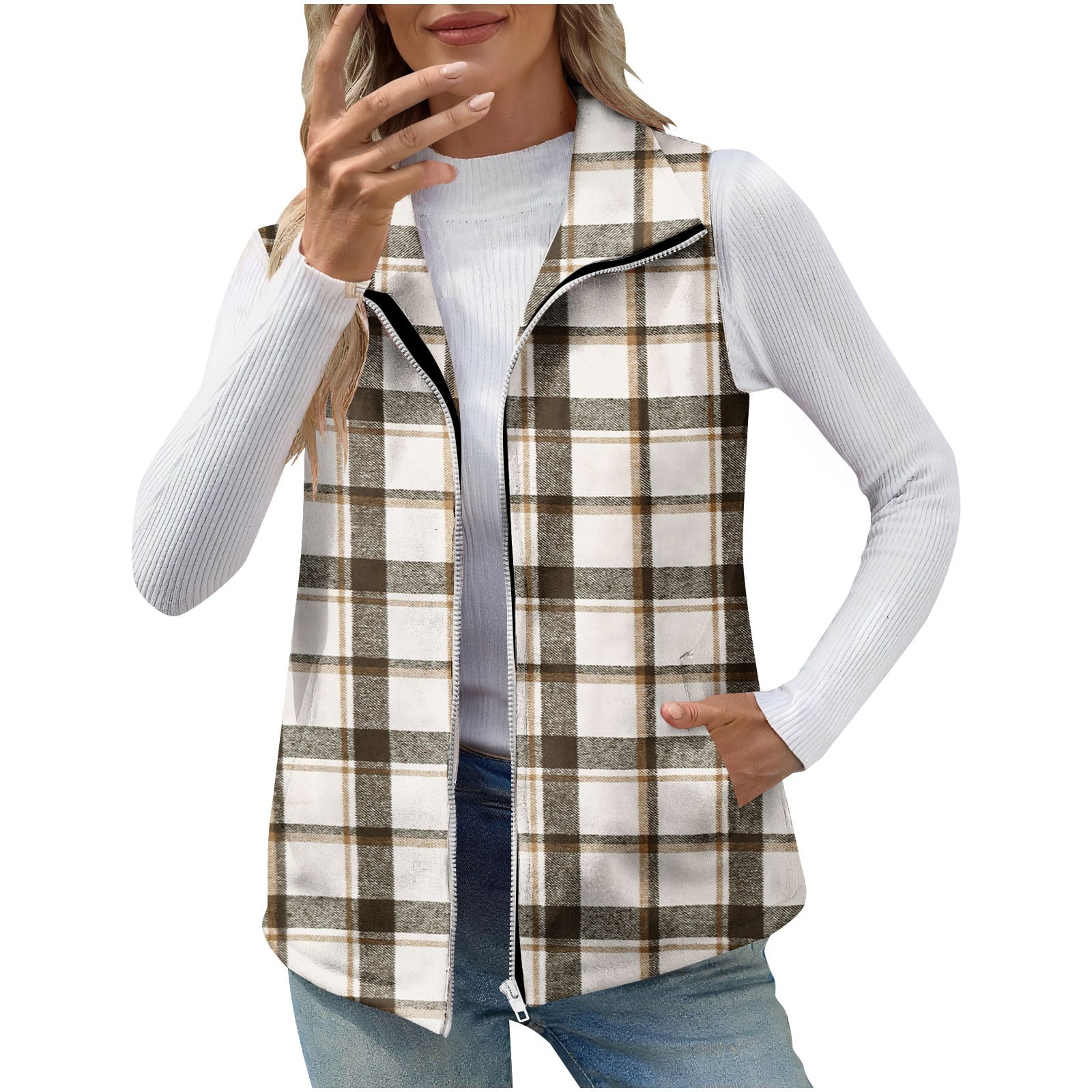 Htigea Womens Plaid Vest Full Zip Up Collared Sleeveless Jacket ...