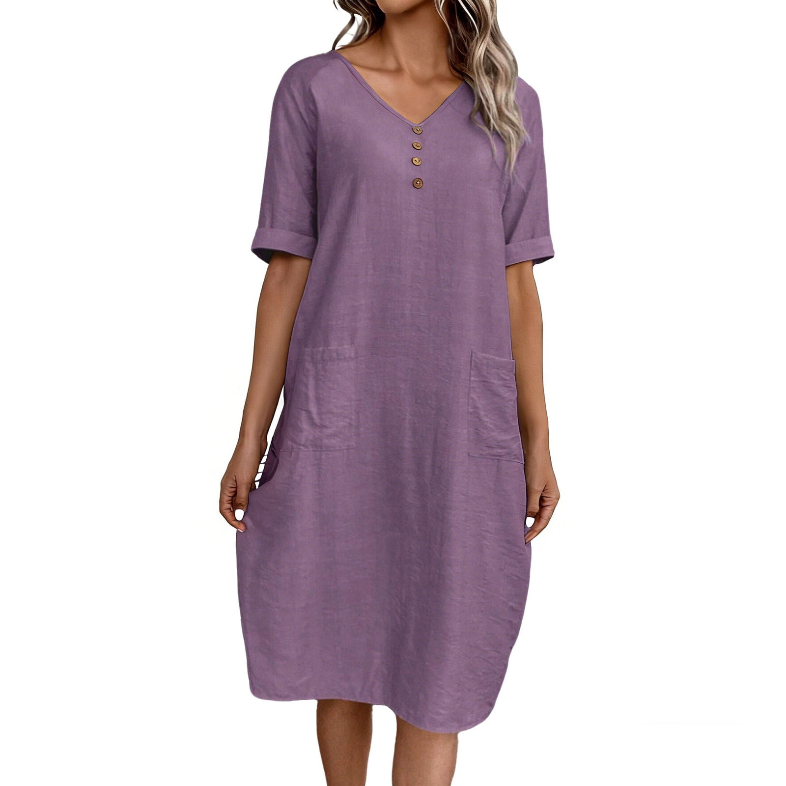 Htigea Womens Summer Dress Casual Short Sleeve Buttons V-Neck Shirt ...