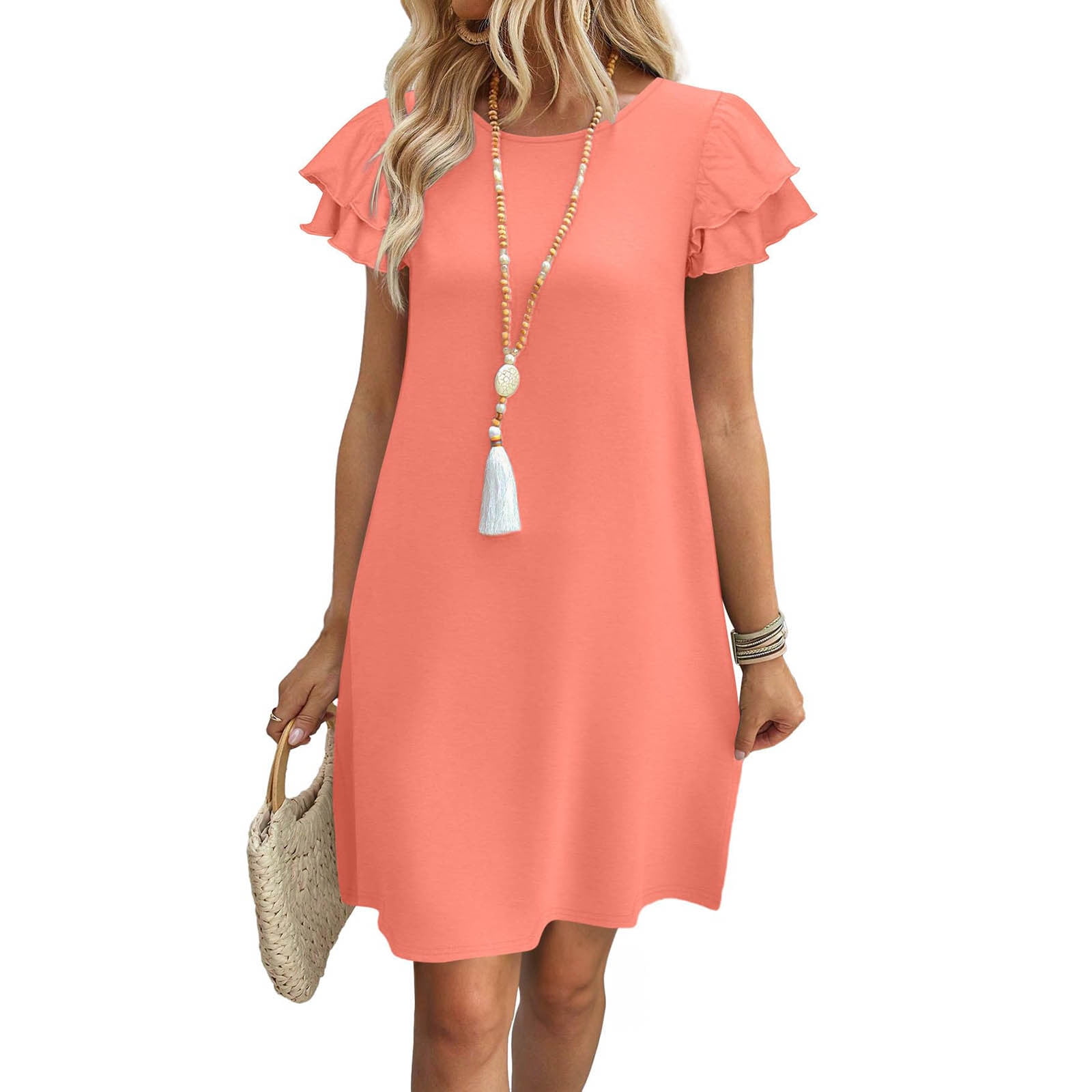 Htigea Womens Summer Short Dress Ruffle Sleeve Round Neck Tunic Dresses ...