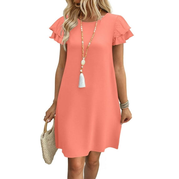 Htigea Womens Summer Short Dress Ruffle Sleeve Round Neck Tunic Dresses ...