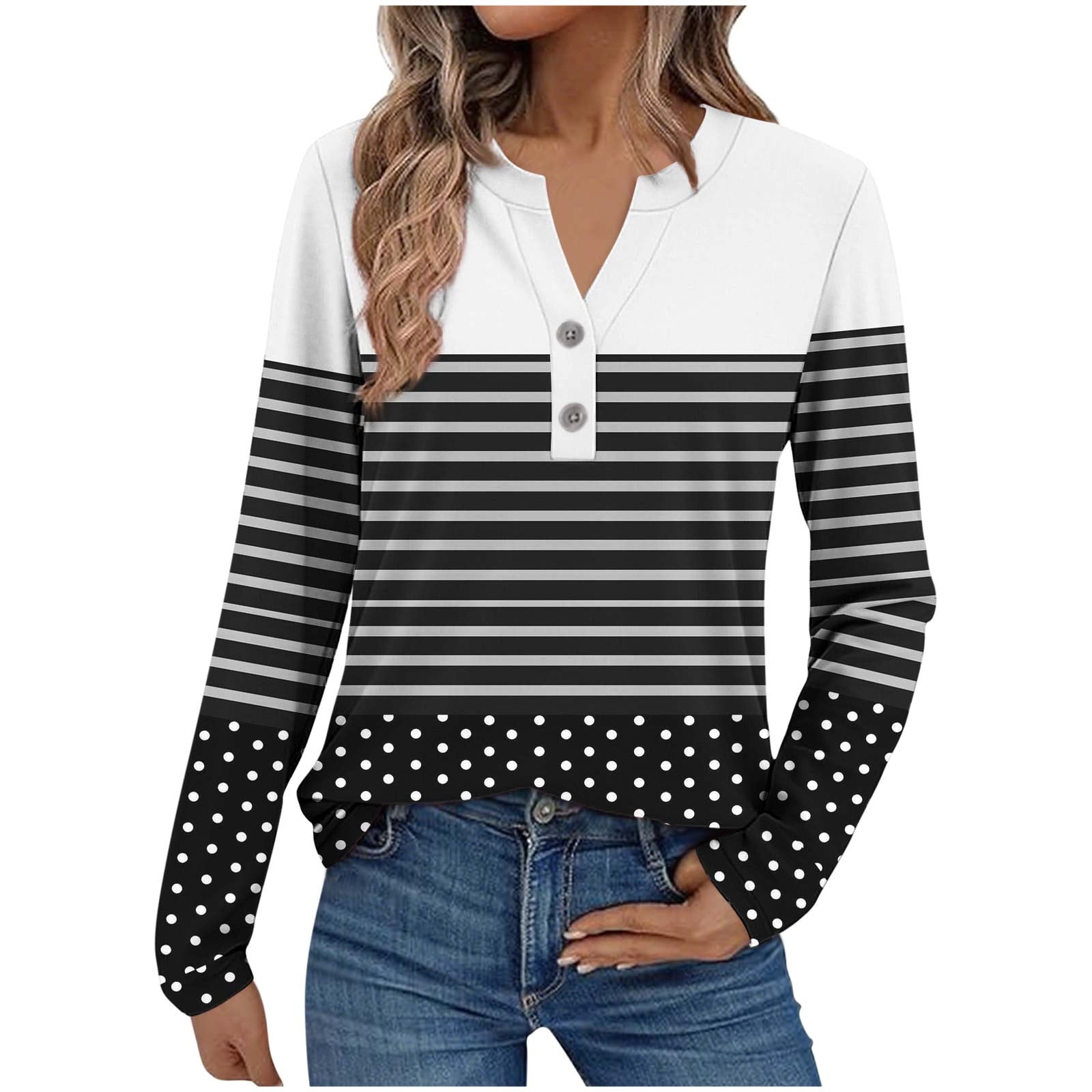 Htigea Womens V-Neck Henley Shirts Striped Long Sleeve Tunic Tops ...