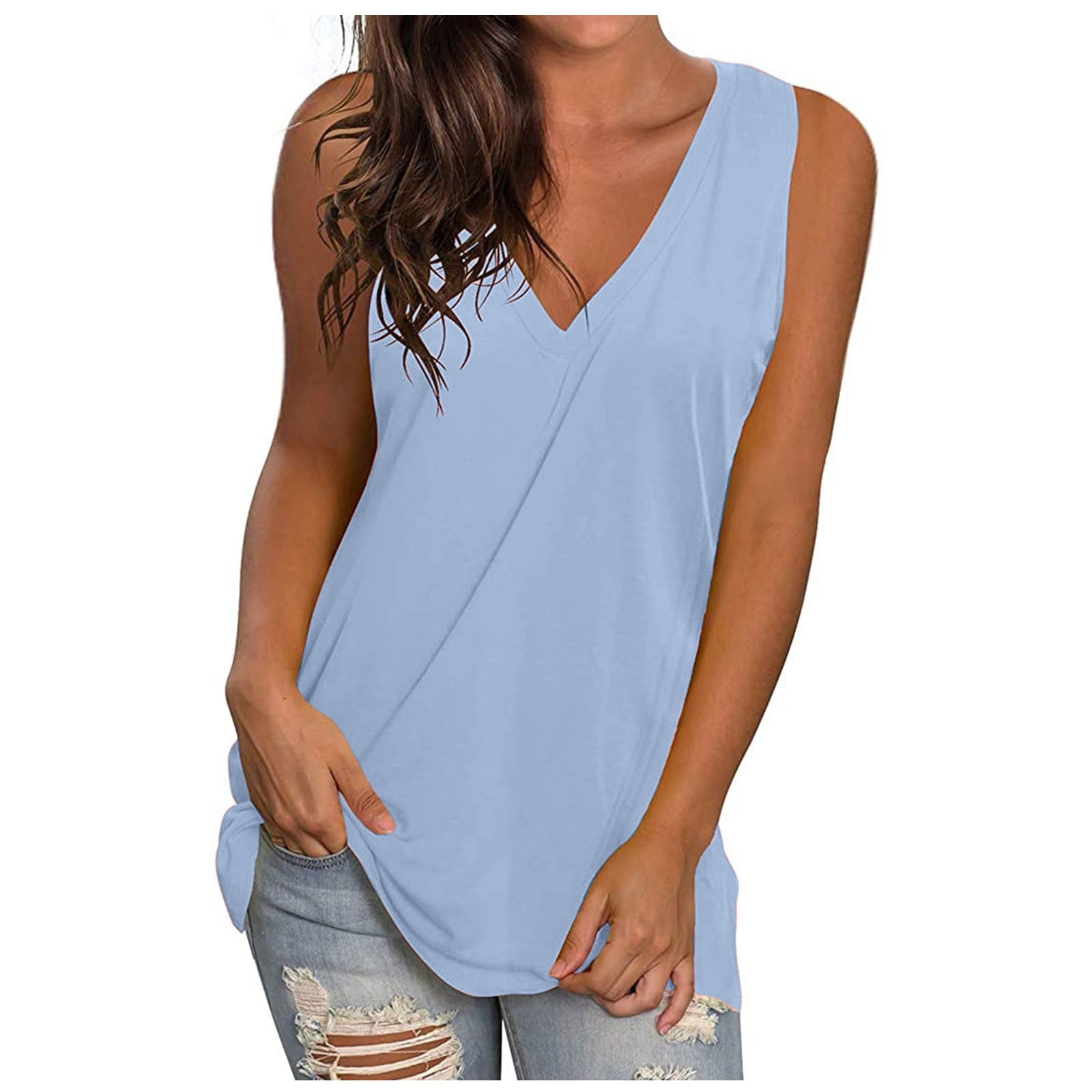 Htigea Womens Wide Strap Tank Tops Casual Tunic Long Tanks Blouses Soft ...