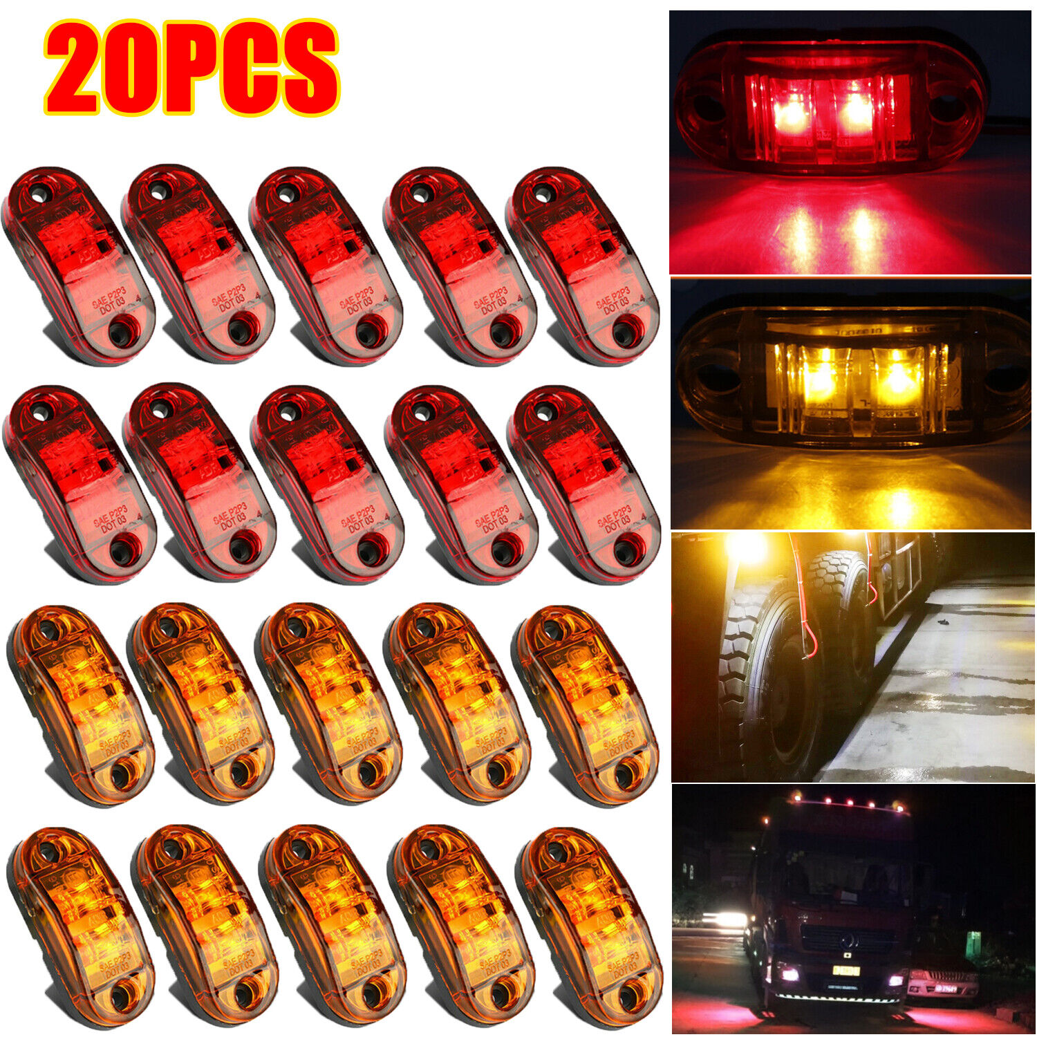 Htwon 2.5" Marker Lights LED Truck Trailer Oval Clearance Side Light Amber/Red, 5PCS - Walmart.com
