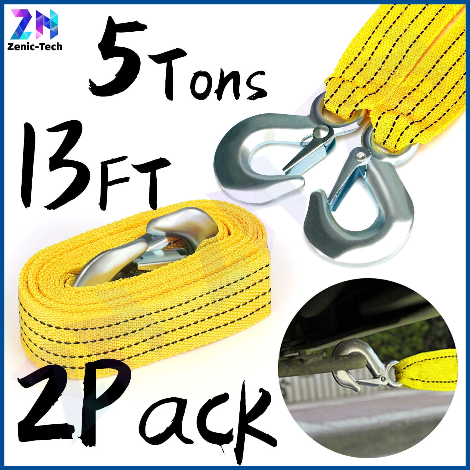 Htwon 2Pack 13FT 5Tons Car Heavy Duty Tow Strap W/ Hooks Emergency Rope ...