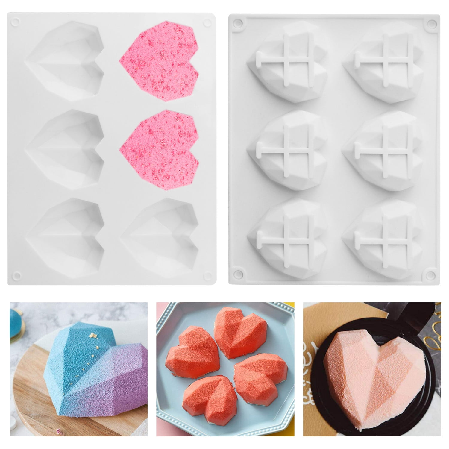 Htwon 6 Pieces Silicone 3D Diamond Heart Mold, Cake Chocolate Cookie ...