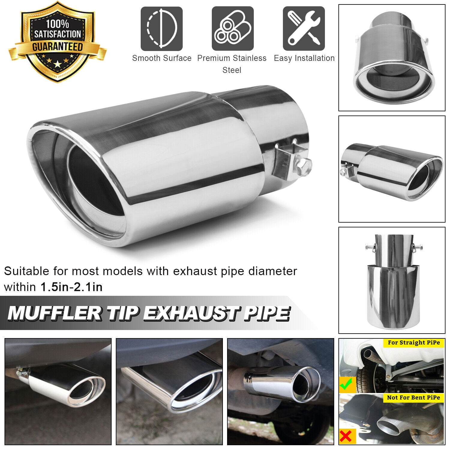 Htwon Car Rear Exhaust Pipe Tail Muffler Tip Round Chrome Stainless ...