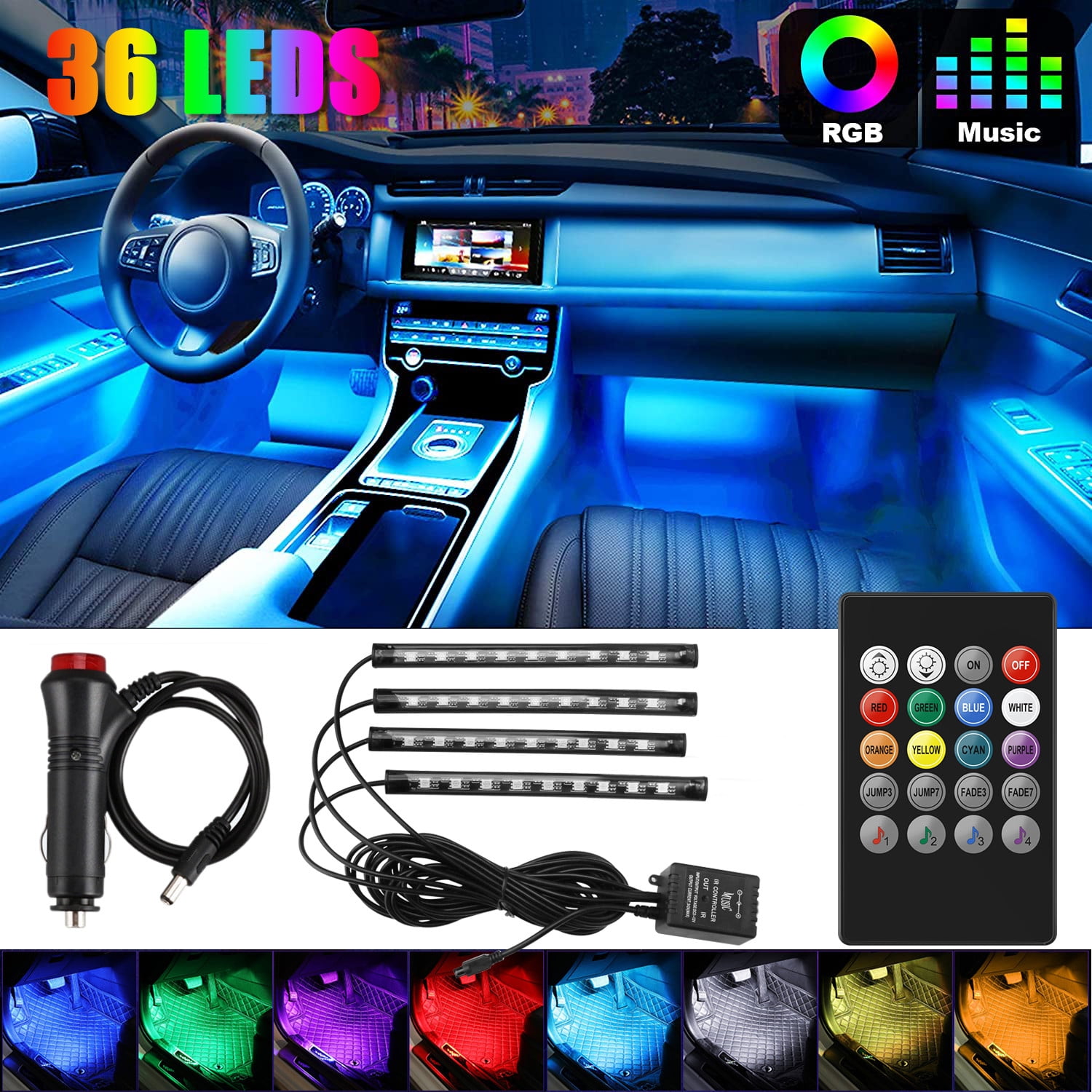 Htwon RGB LED Lights Car Interior Floor Decor Atmosphere Strip Lamp 72 ...