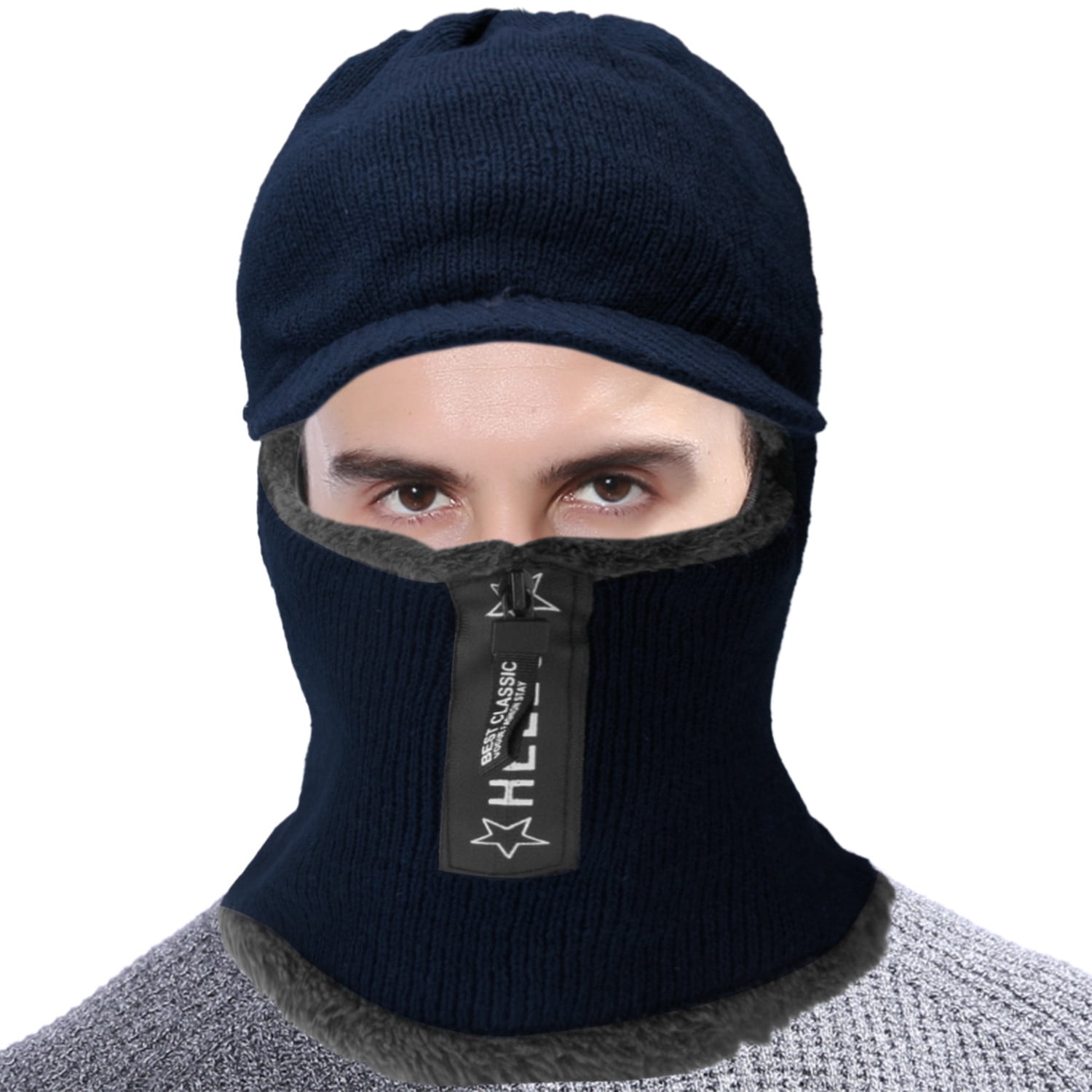 Htwon Unisex Winter Knitted Hat with Zipper Fur Lined Warm Brim Winter ...