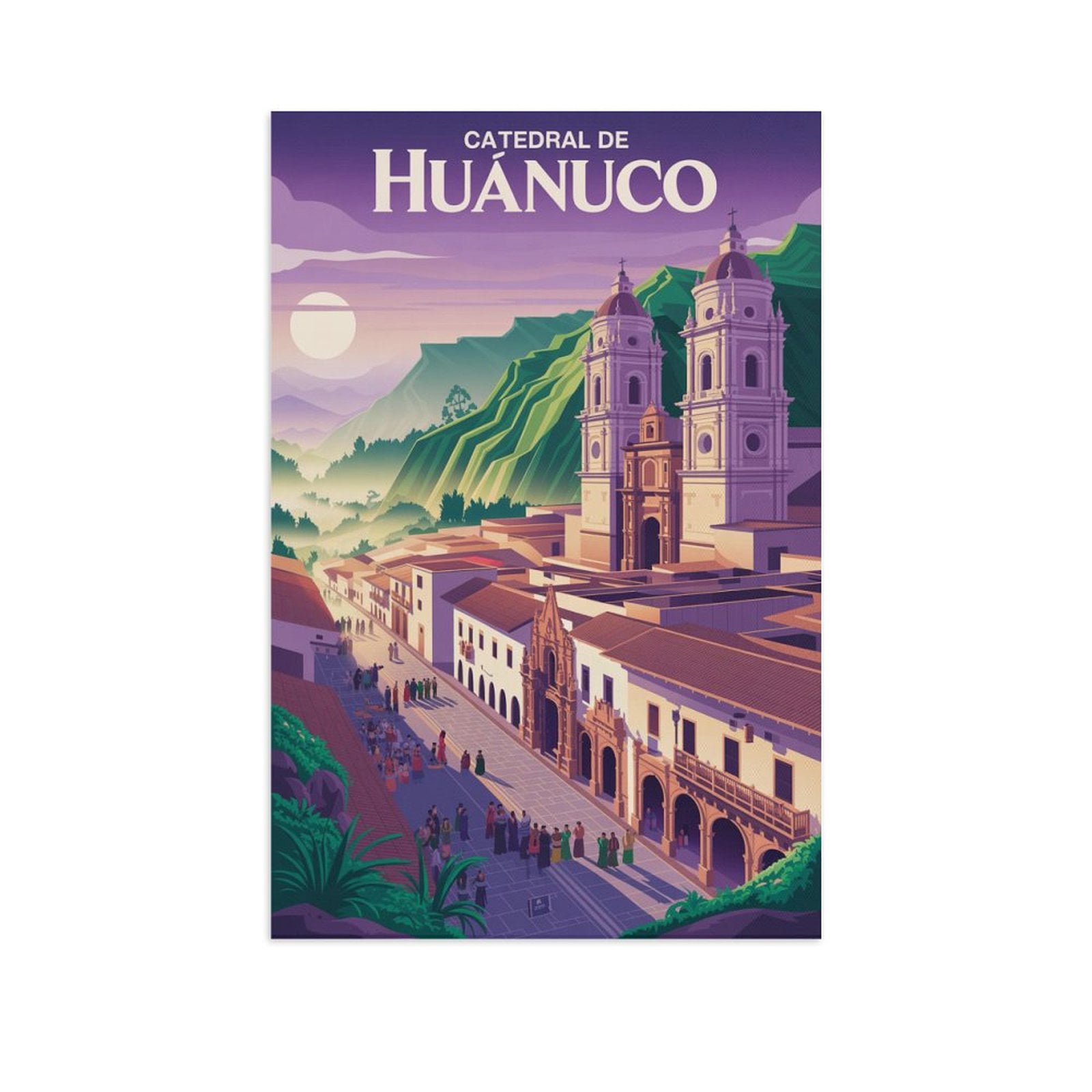 Huánuco Peru Vintage City Travel Poster with Cathedral And Lush Misty Hills Canvas Poster ...