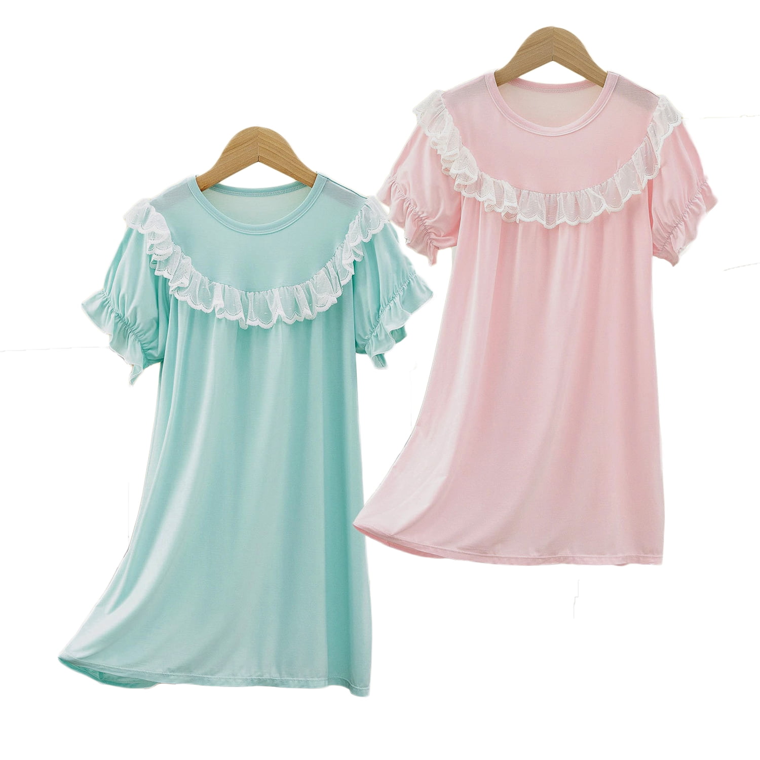 HuaAngel Girls Nightgowns Lace Crew Neck Soft Night Dress 2 Pieces Size ...