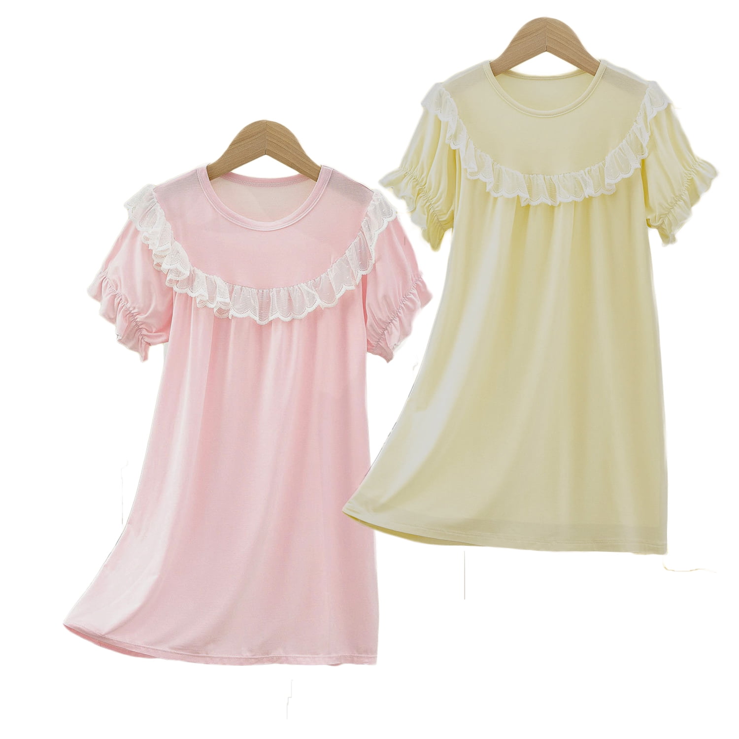 HuaAngel Girls Nightgowns Lace Crew Neck Soft Night Dress 2 Pieces Size ...