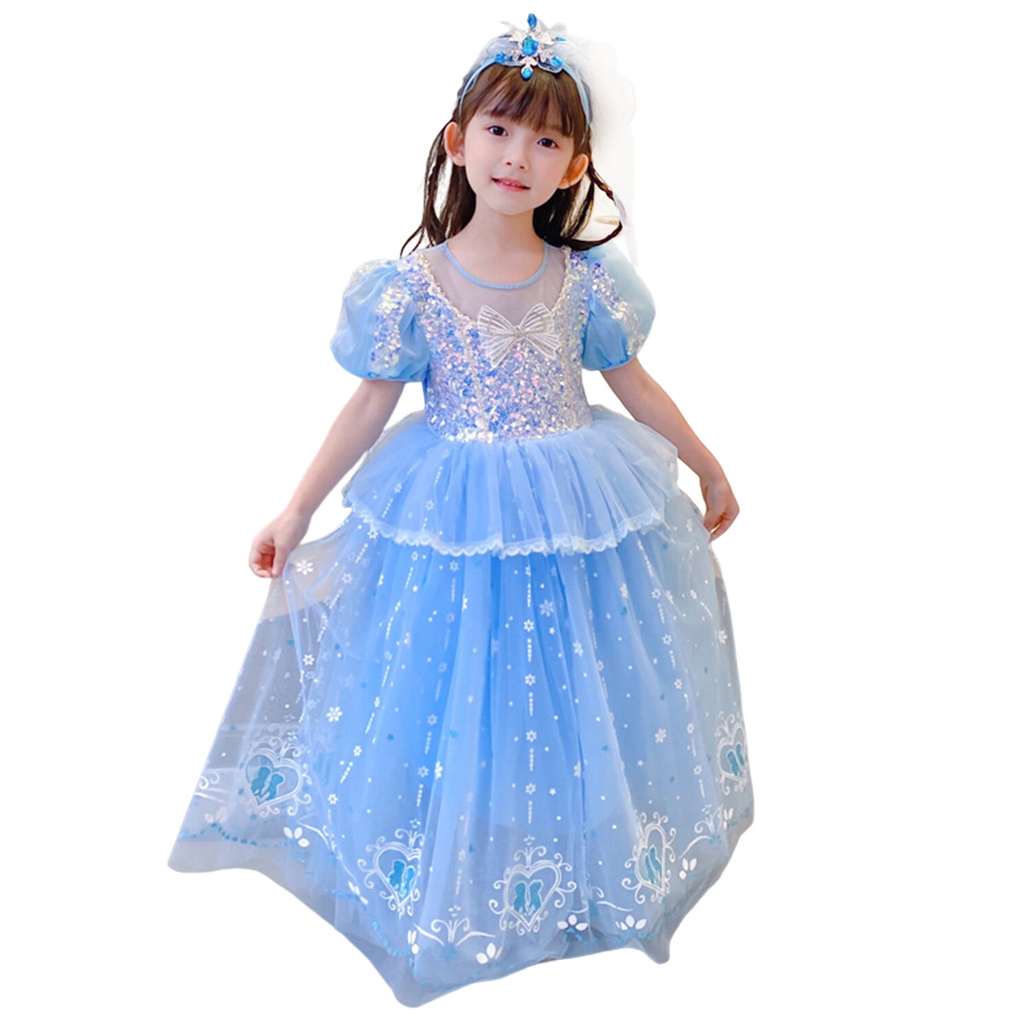 HuaAngel Girls Sparkling Sheer Puffed Sleeve Princess Party Blue Dress ...