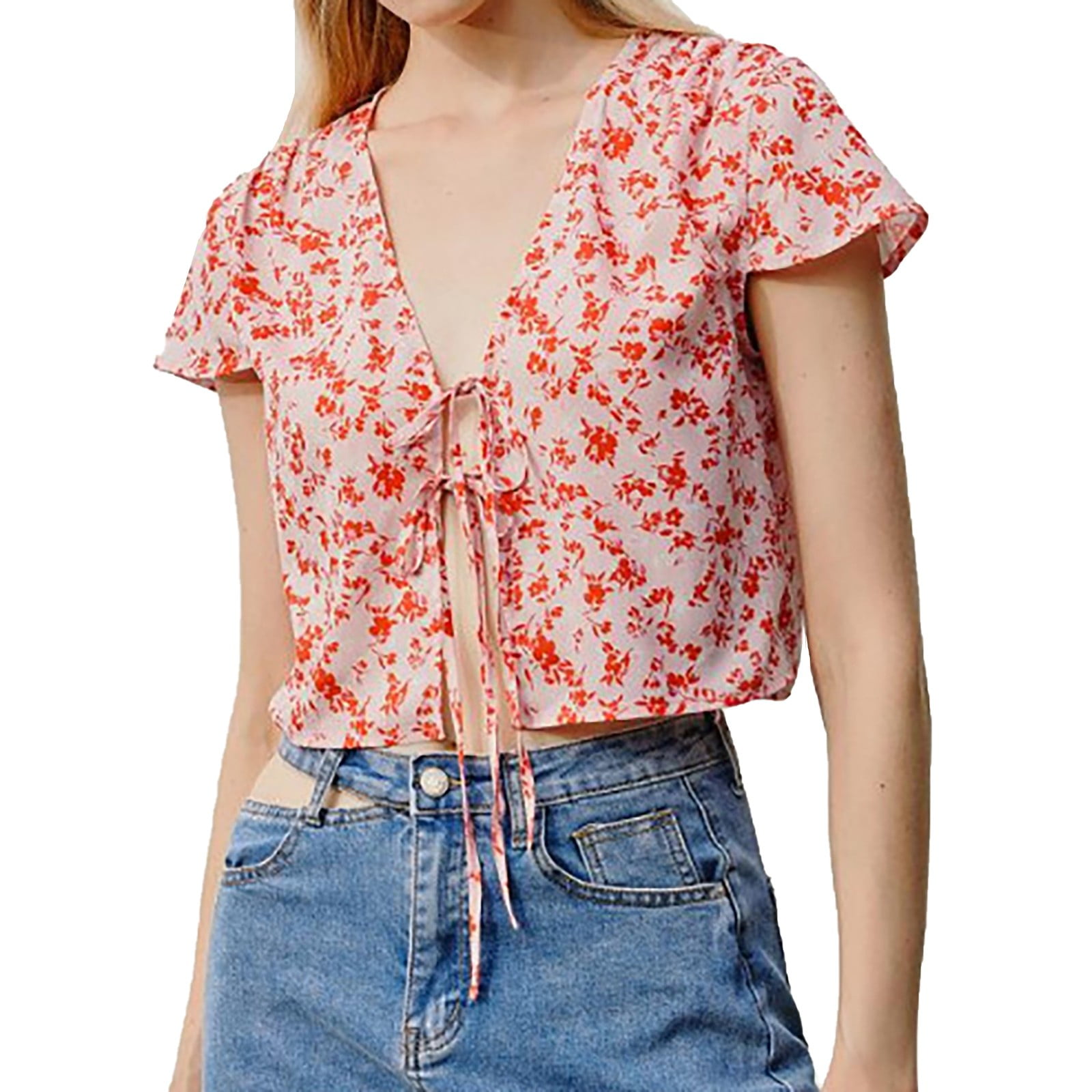 Huaai Womens Casual Shirts Tops Woman Summertime V Neck Red Floral
