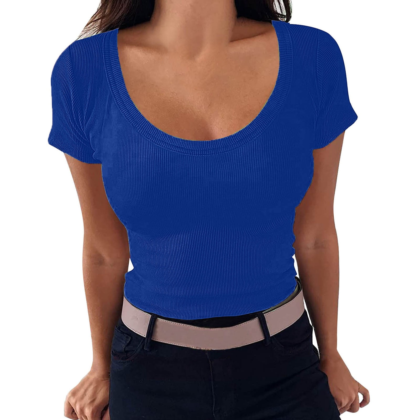 Huaai Womens Casual Shirts Tops Womens 2024 Summer Fashion U Low Cut Short Rib Knit Slim