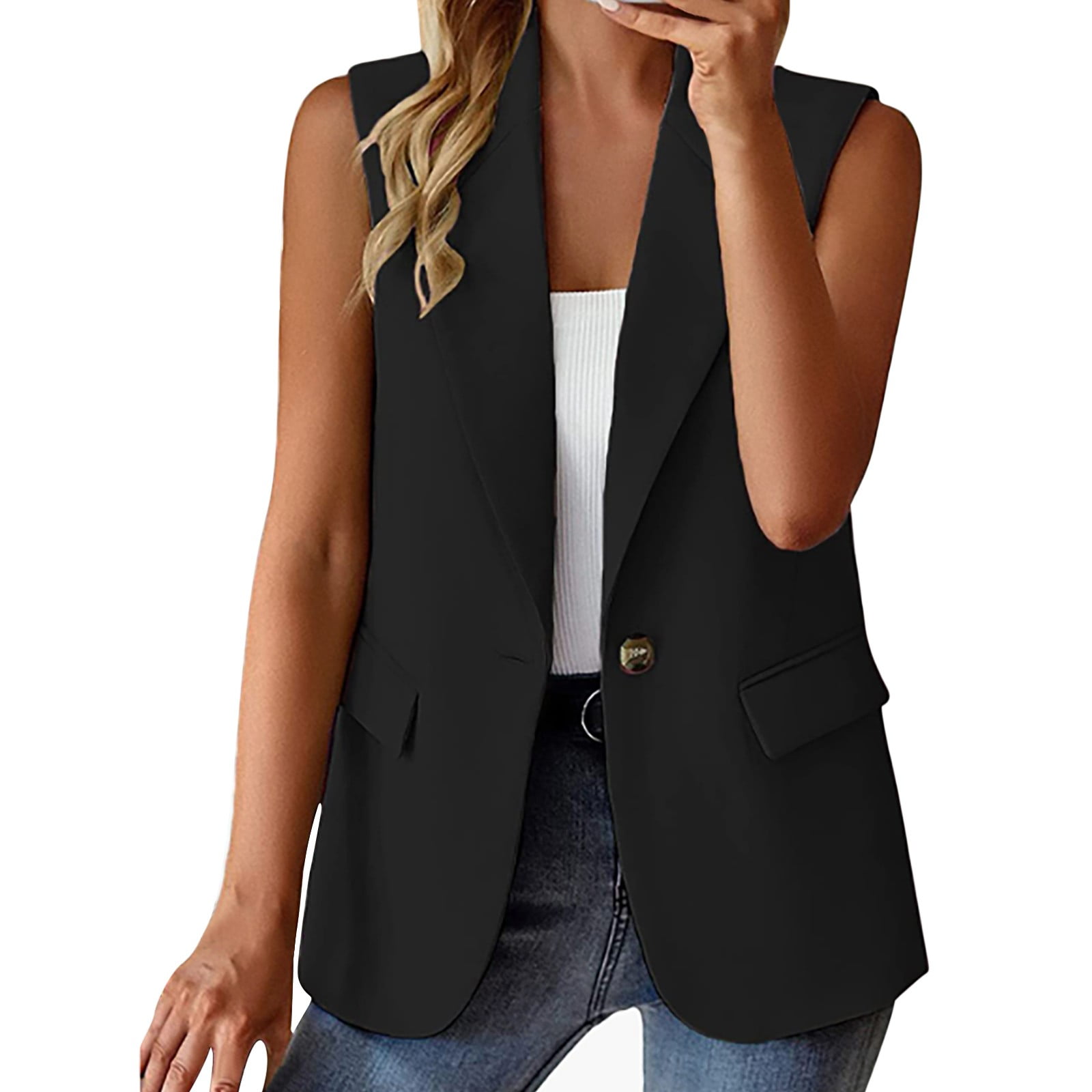 Huaai Womens Solid Color Shawl Collar Suit Jackets Sleeveless Button