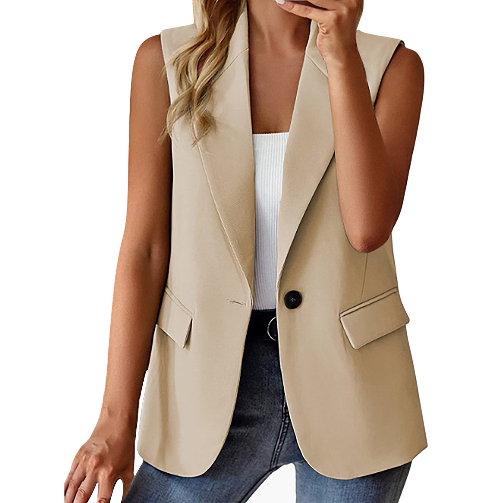 Huaai Womens Solid Color Shawl Collar Suit Jackets Sleeveless Button