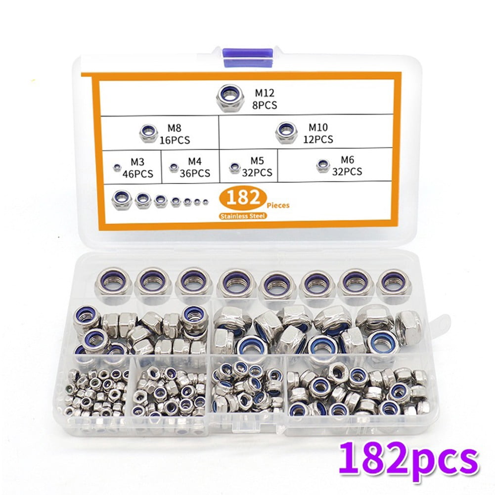 Huajunming 182Pcs Stainless Steel Self-Locking Nuts Assortment Threaded ...