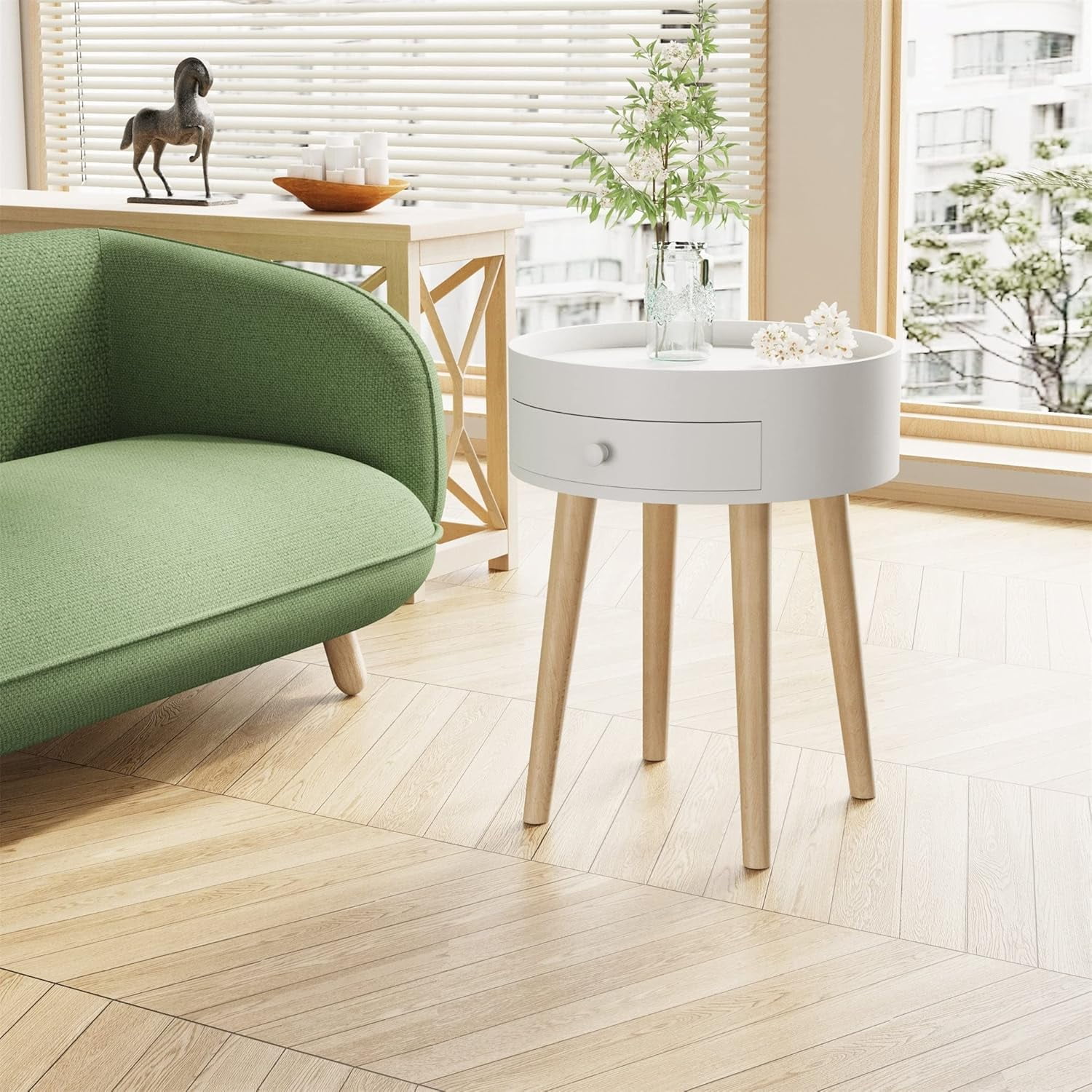 Huajuze Storage Drawer Bedside Table White Modern Contemporary Round ...