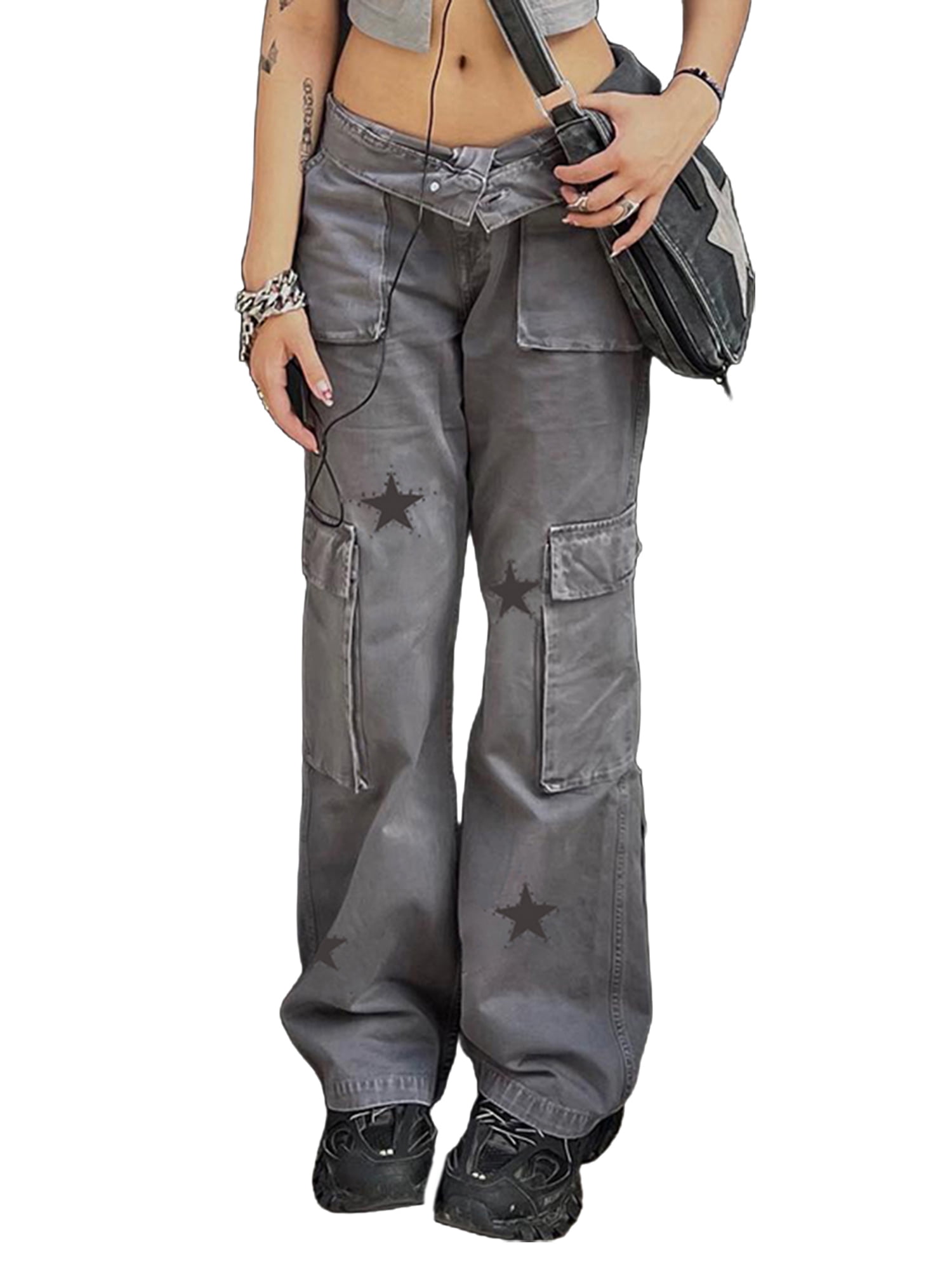 Huakaishijie Women Cargo Jeans Low Waist Ripped Jeans Wide Leg Baggy
