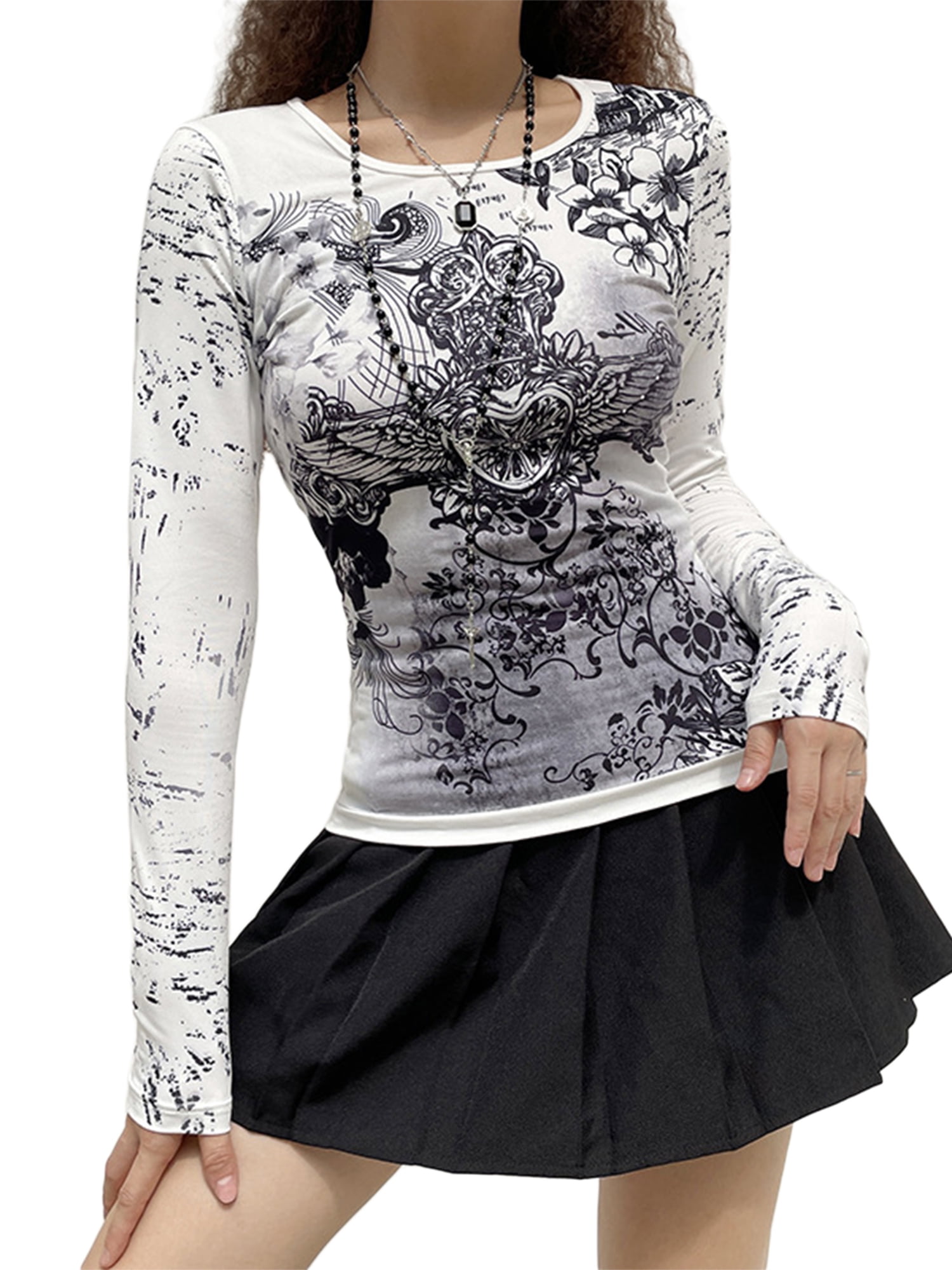 Huakaishijie Women Heart Wing Print Long Sleeve Crop Top Y2k Graphic ...