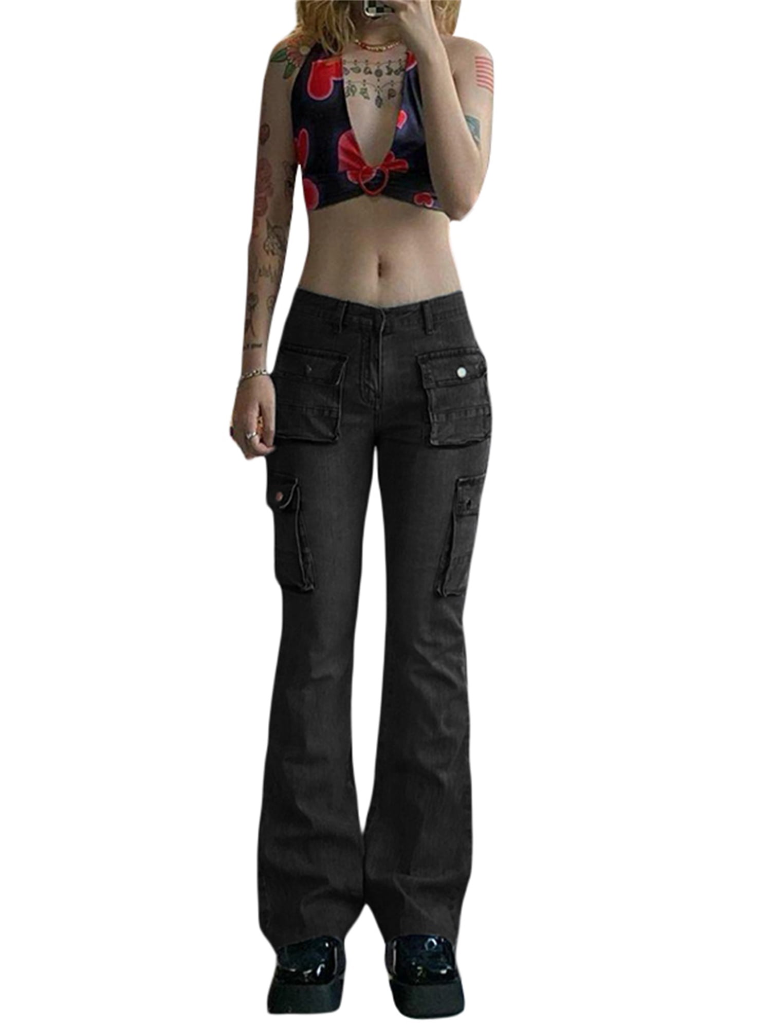 Huakaishijie Women Y2k Low Waist Wide Leg Jeans Vintage Cargo Denim